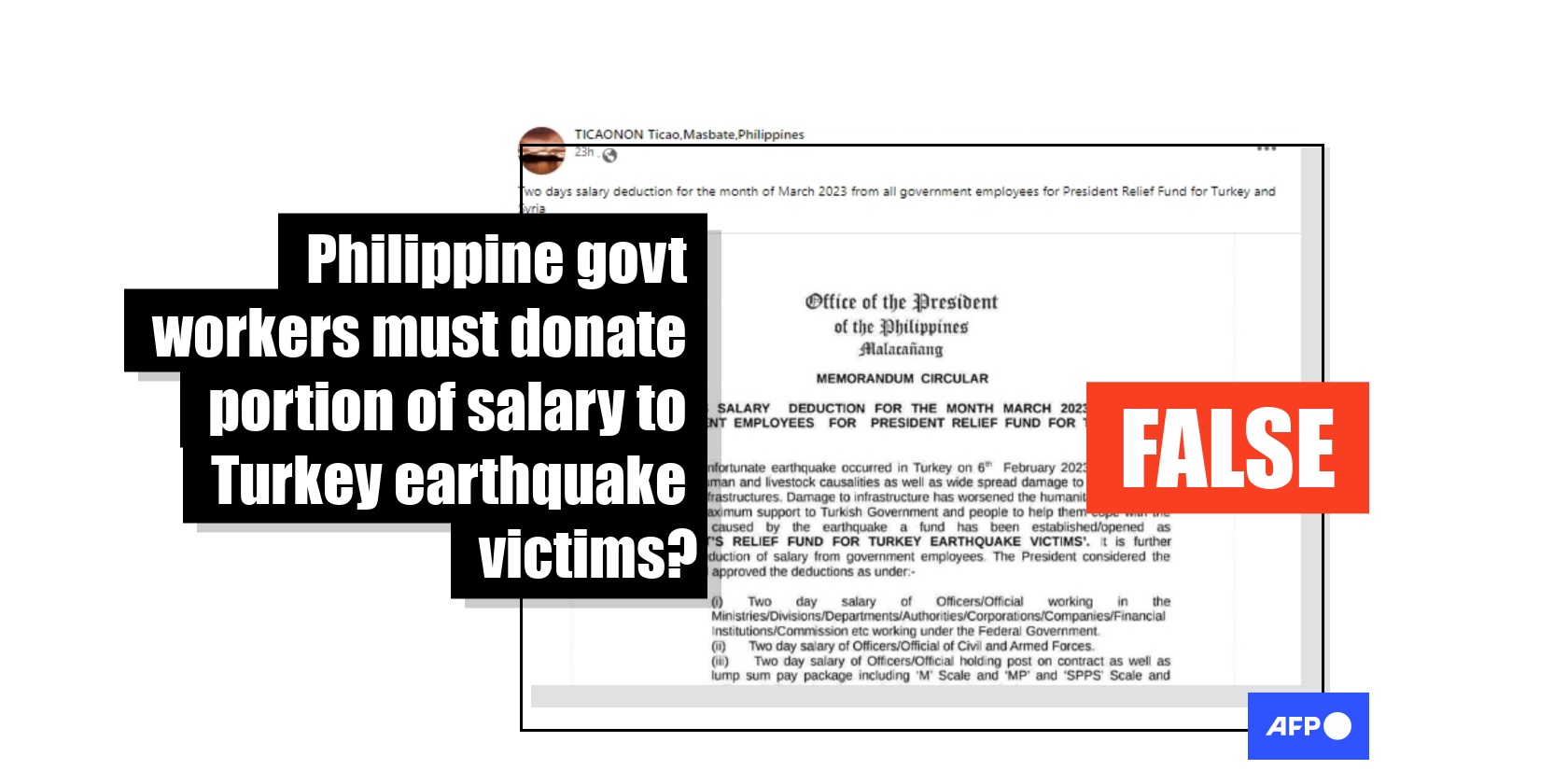 Posts falsely claim Philippine govt workers must 'donate portion of salary to Turkey relief fund ...