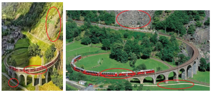 This photo shows the unique loop formation of the Brusio spiral viaduct ...
