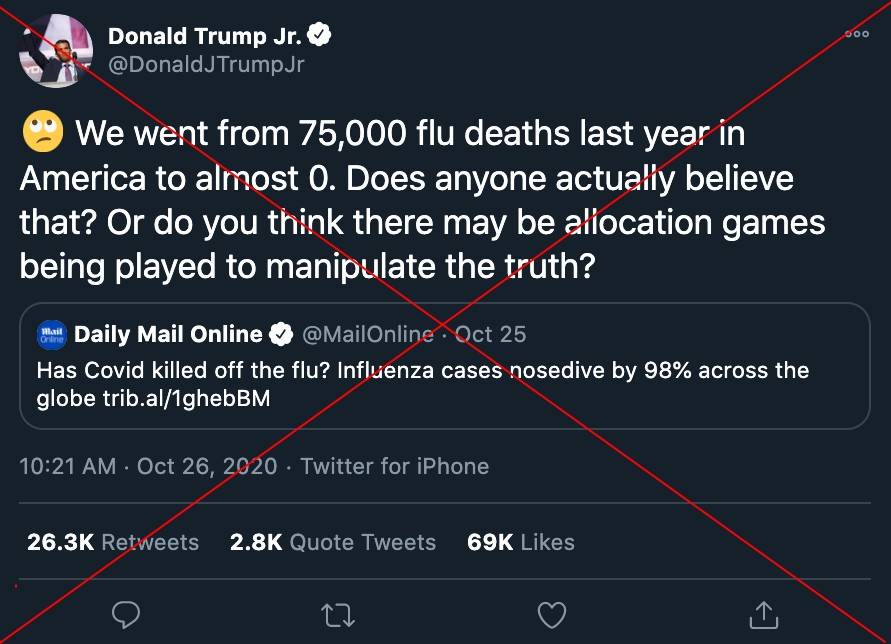 Trump Jr tweets false claim that ‘almost 0’ Americans died from the flu ...